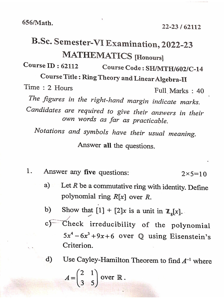 ring theory and linear algebra pyq | PDF