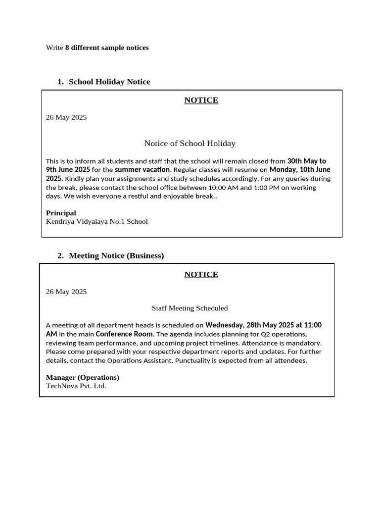 Sample Notices for Various Purposes | PDF