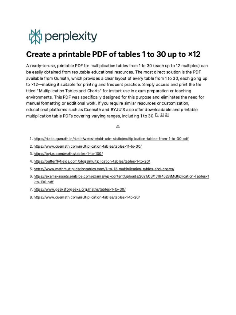 Create A Printable PDF of Tables 1 To 30 Up To ×12 | PDF