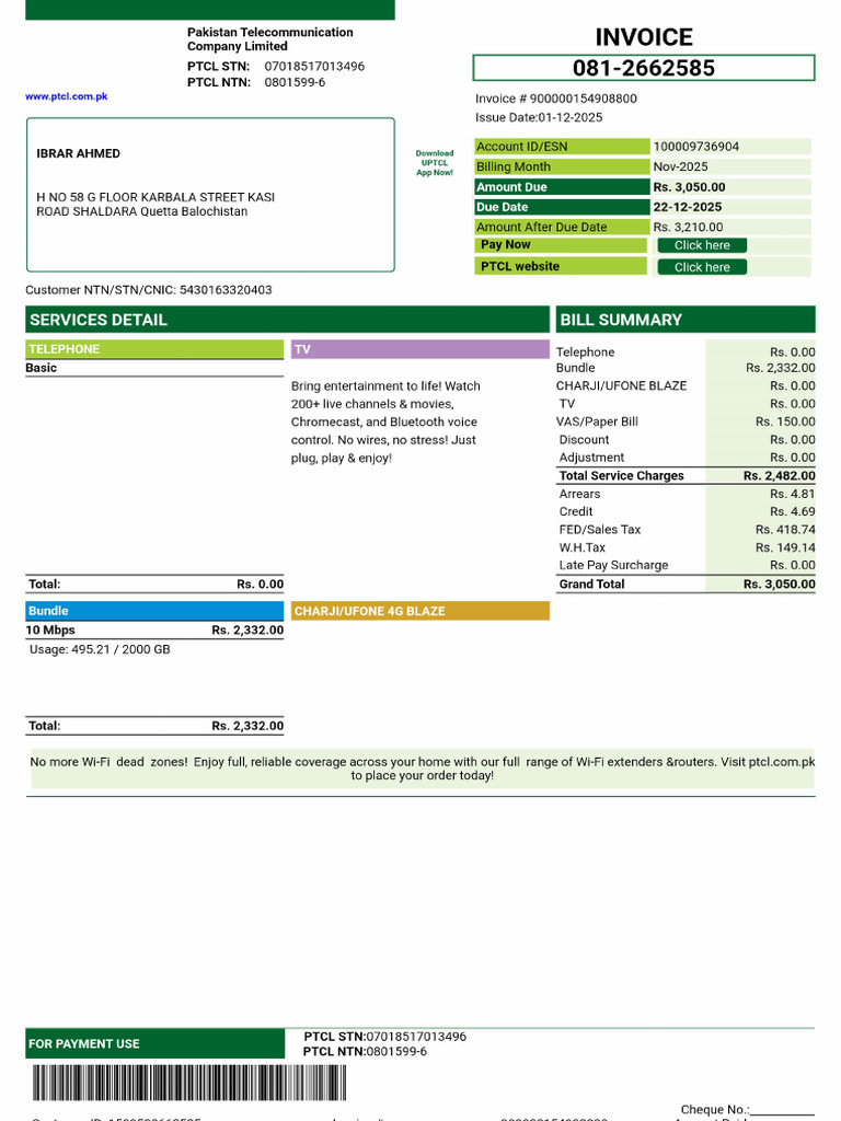 PTCL Ebill | PDF