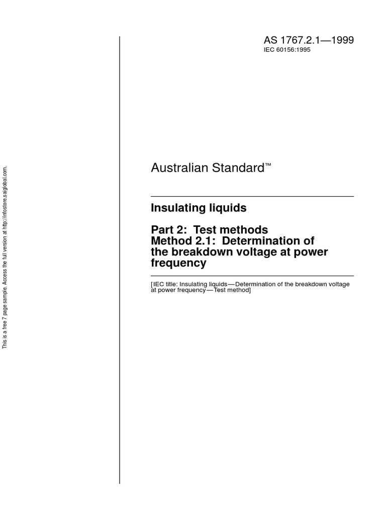 As 1767.2.1-1999 Insulating Liquids Test Methods - Determination of The ... As 1767.2.1-1999 Insulating Liquids Test Methods - Determination of The ...