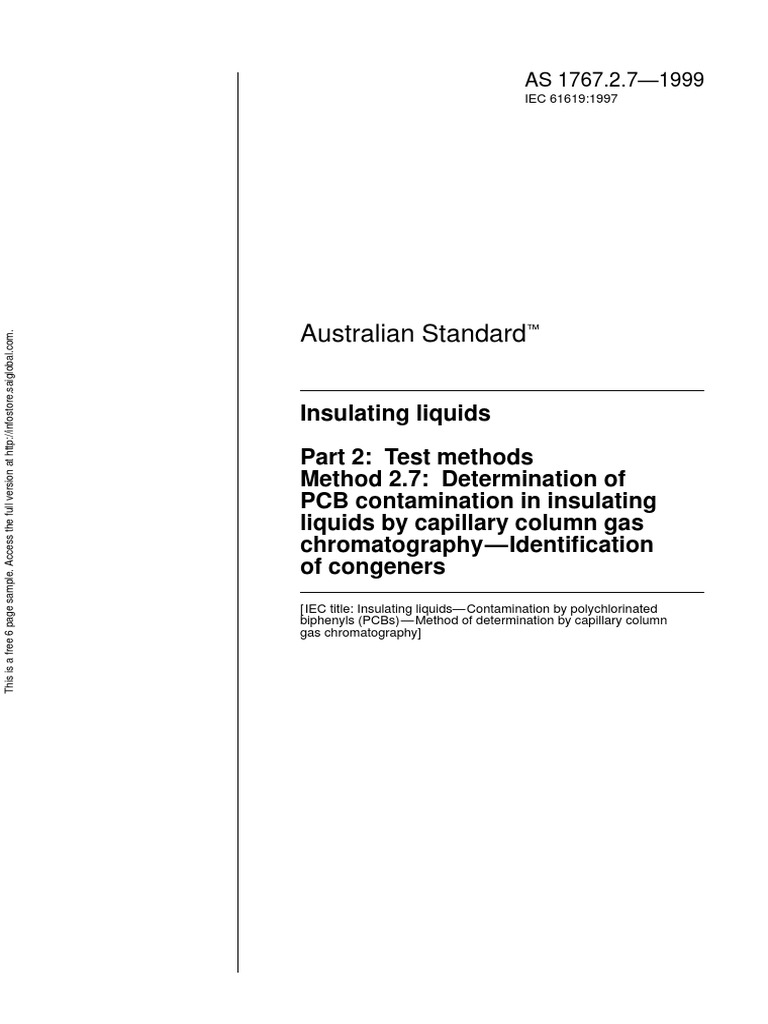 As 1767.2.7-1999 Insulating Liquids Test Methods - Determination of PCB ... As 1767.2.7-1999 Insulating Liquids Test Methods - Determination of PCB ...