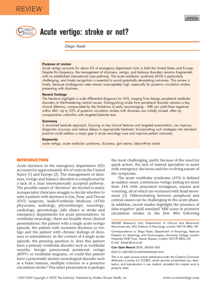 Acute Vertigo: Stroke Diagnosis Insights | PDF | Vertigo | Stroke