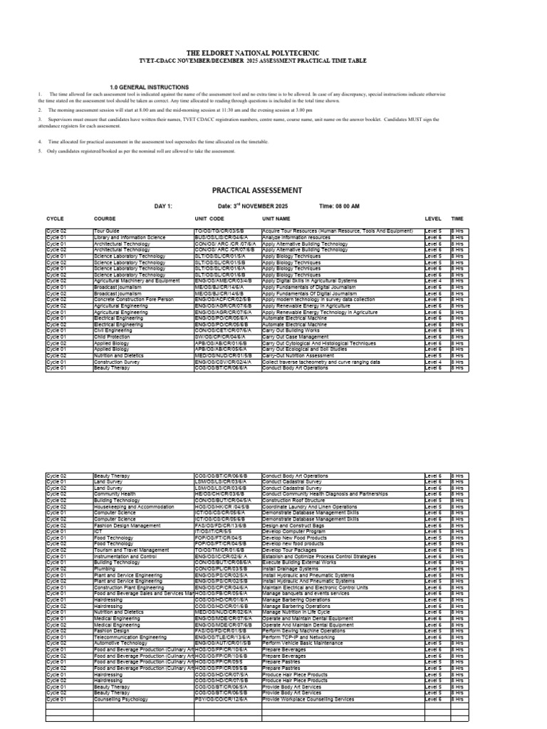 November 2025 Tvet Cdacc Practical Timetable | PDF