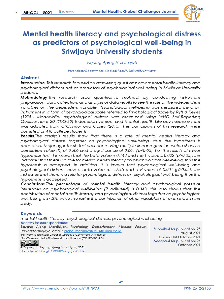 Analysis of Mental Health Literacy and Psychological Distress As ...