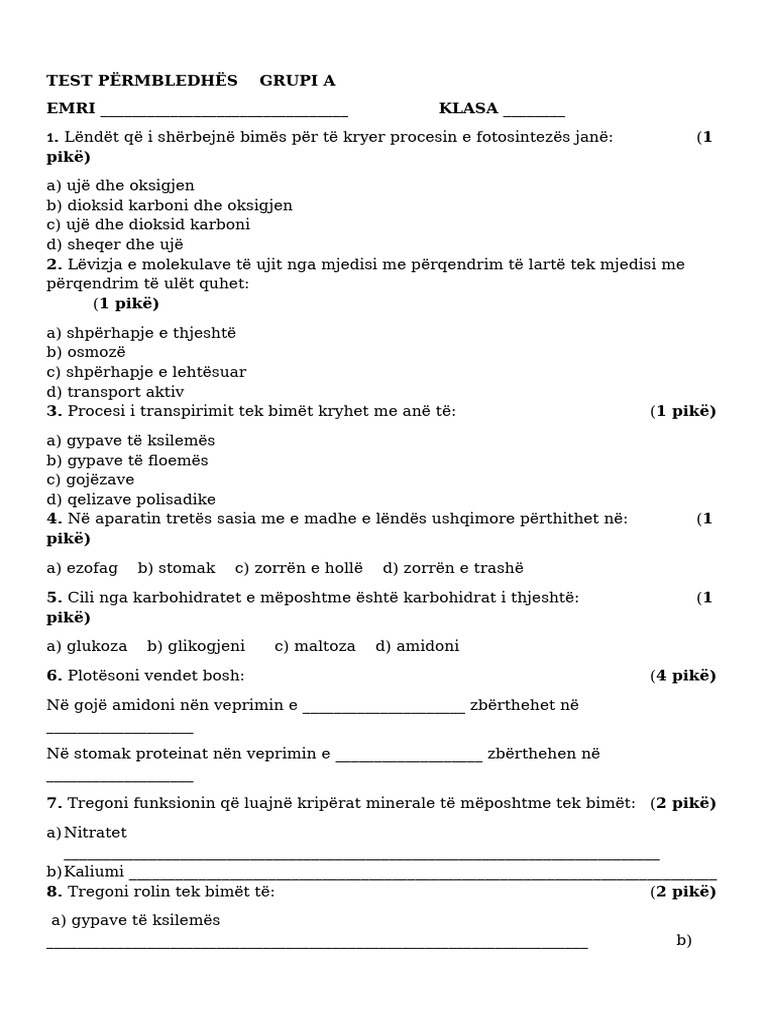 Biologji 8 Test Blue Print Periudha 123 | PDF