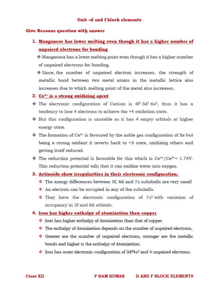 D and F Block Elements: Key Concepts | PDF | Transition Metals | Lanthanide