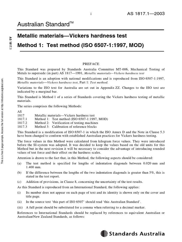 As 1817.1-2003 Metallic Materials - Vickers Hardness Test Test Methods ...