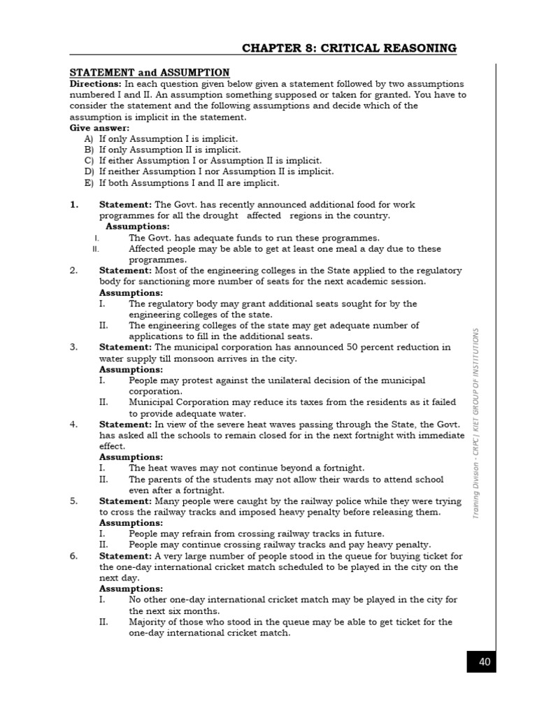 Statement and Assumption Exercises | PDF | Argument | Employment