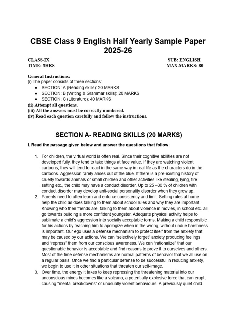 CBSE Class 9 English Sample Paper 2025-26 | PDF | Behavioural Sciences ...