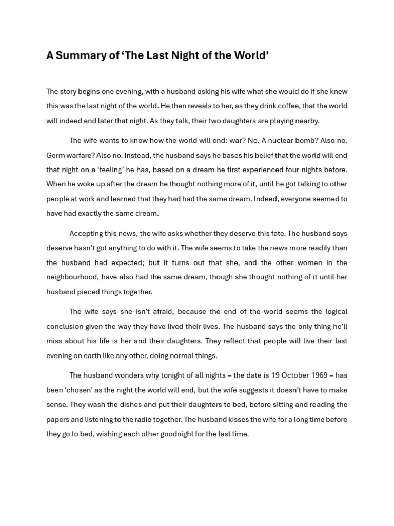 Summary of 'The Last Night of the World' | PDF
