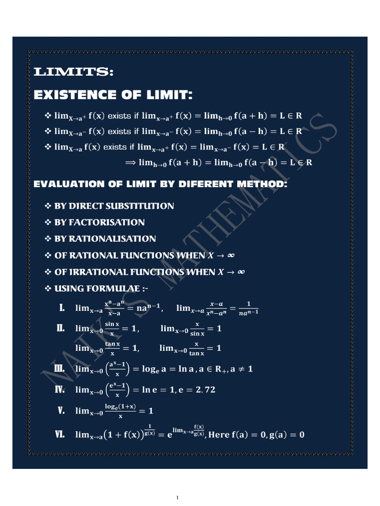 Limits Formulae and Properties | PDF