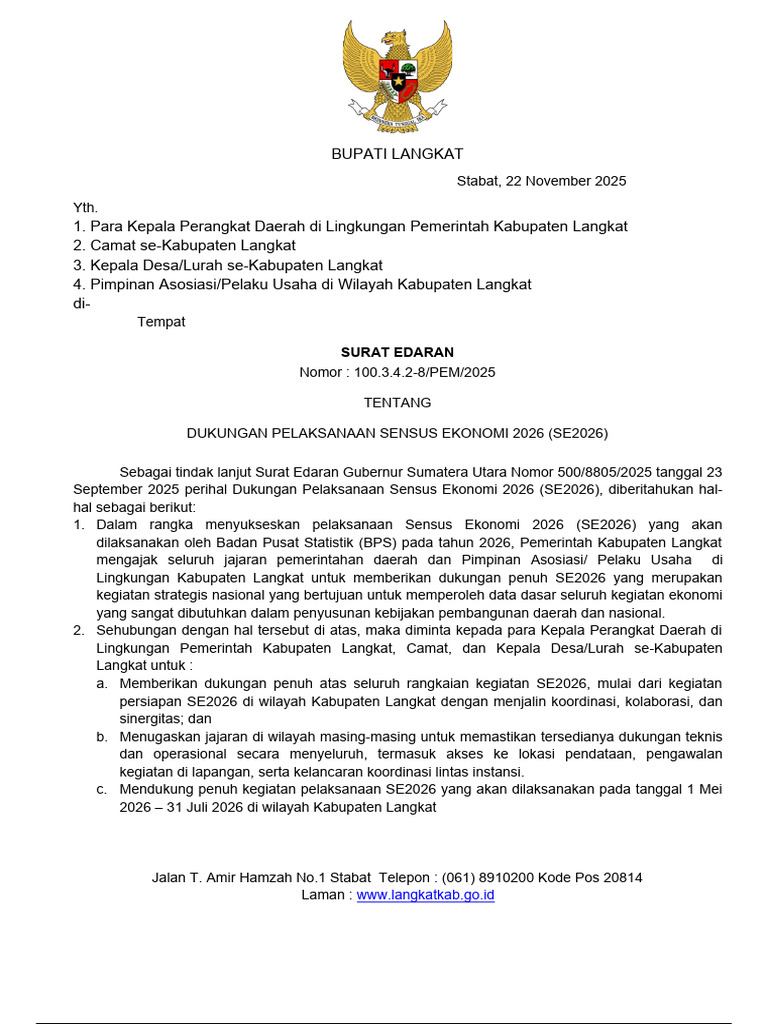 Dukungan Sensus Ekonomi 2026 Langkat | PDF