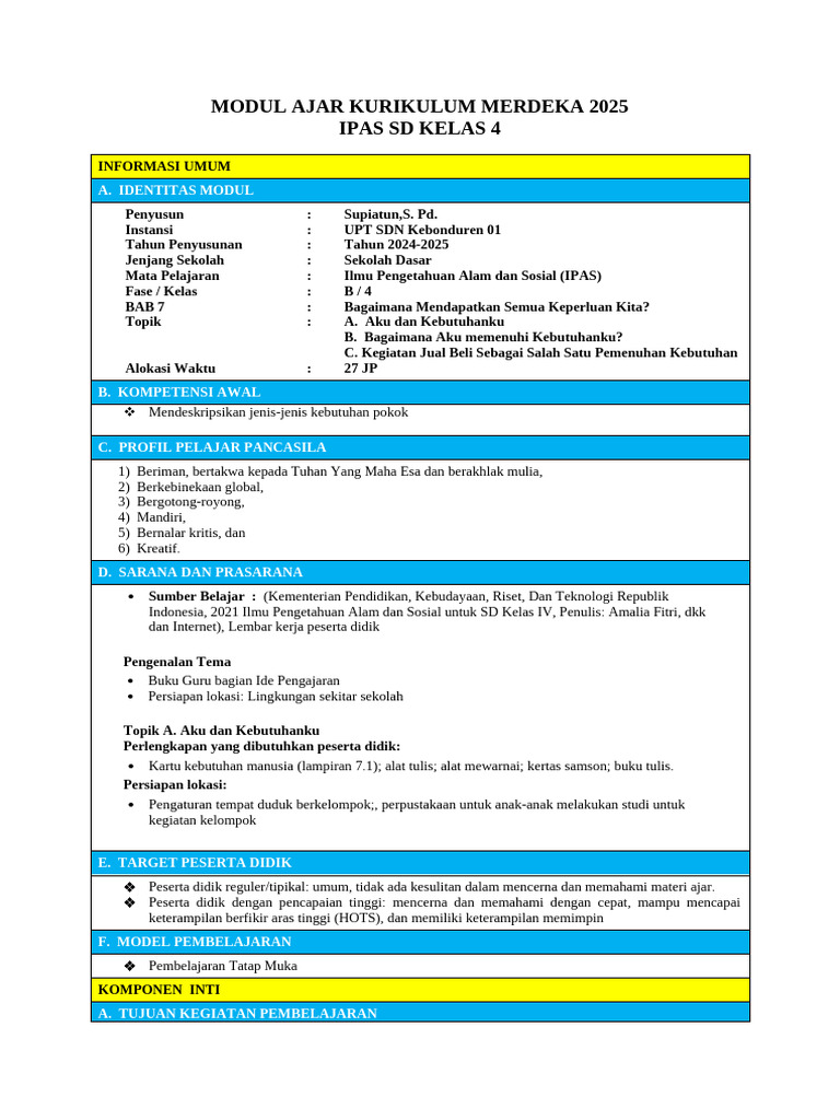 Modul IPAS Kelas 4: Kebutuhan Manusia | PDF