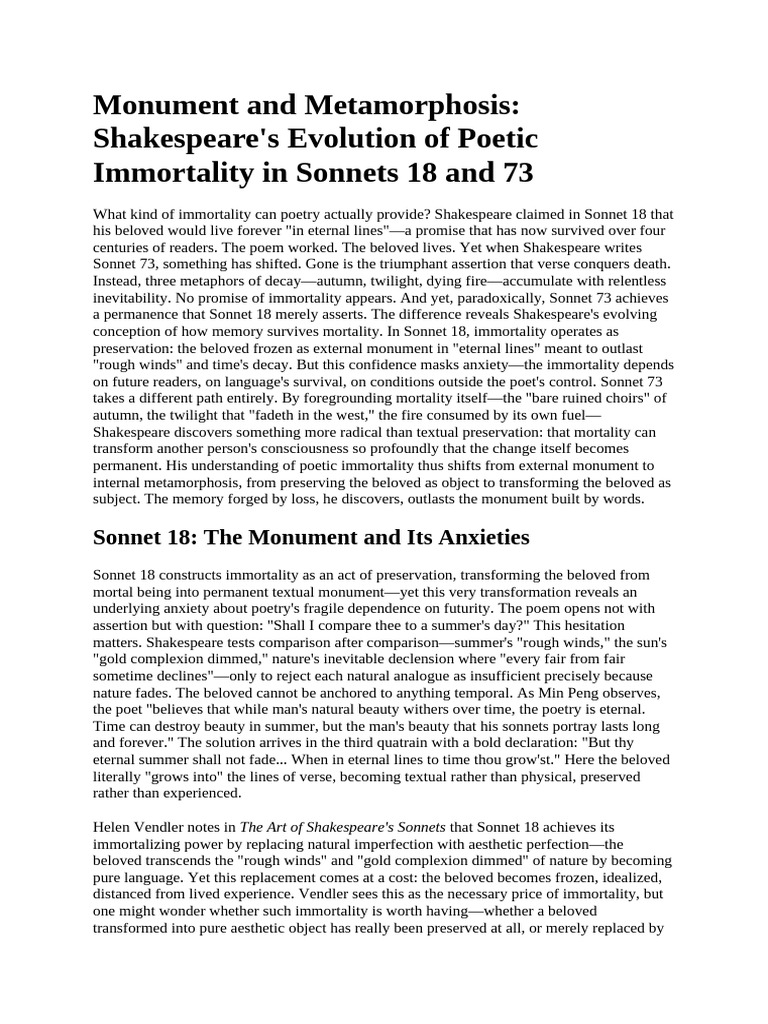 Shakespeare's Sonnets: Immortality vs. Mortality | PDF | Poetry ...