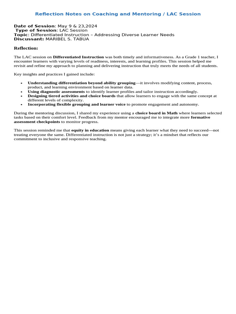 Reflection Notes On Coaching and Mentoring Final | PDF