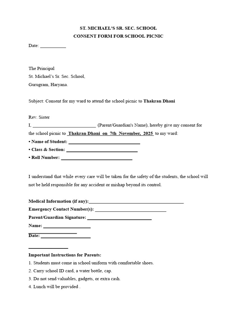 Consent Form for School Picnic 2025 | PDF