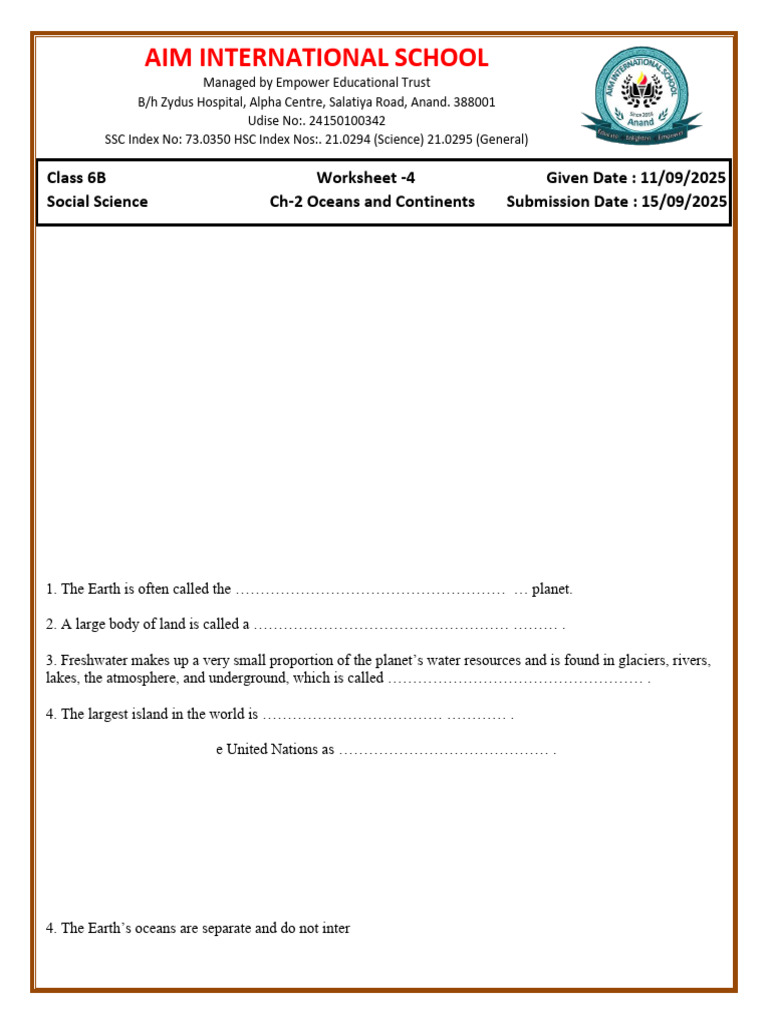 Class 6B SS Worksheet Ch-2 Oceans and Continents | PDF | Oceans | Earth