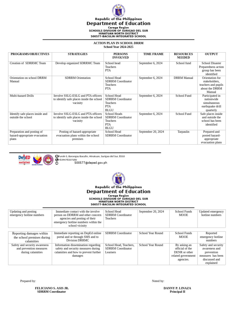 School DRRM Action Plan 2024 2025 | PDF | Emergency Management | Disasters