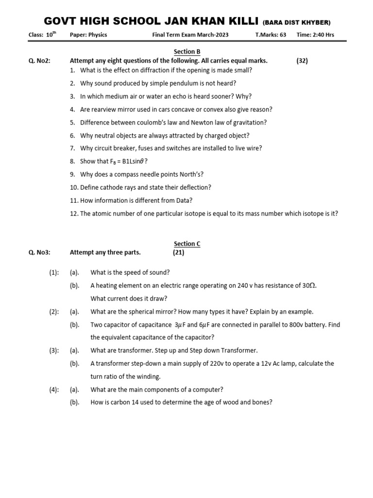 10th Grade Physics Exam Paper 2023 | PDF