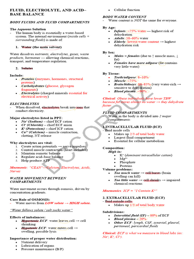 FLUID, ELECTROLYTE, ACID BASE BALANCE - CRAMSHEET | PDF | Electrolyte ...