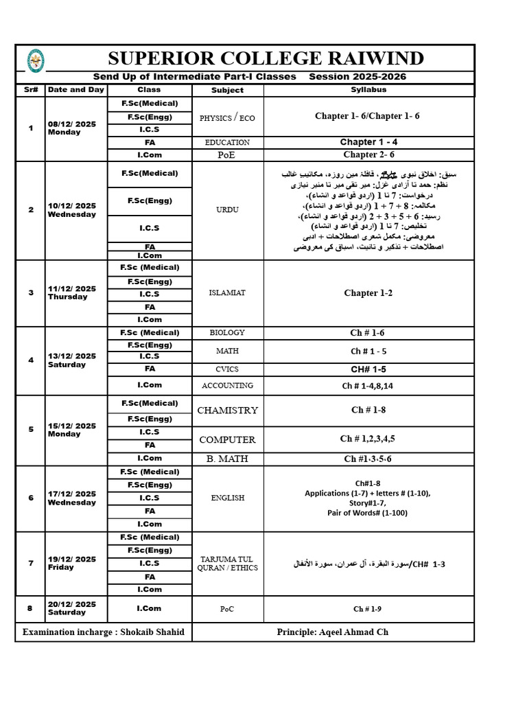 Superior College Raiwind Class Schedule 2025 | PDF