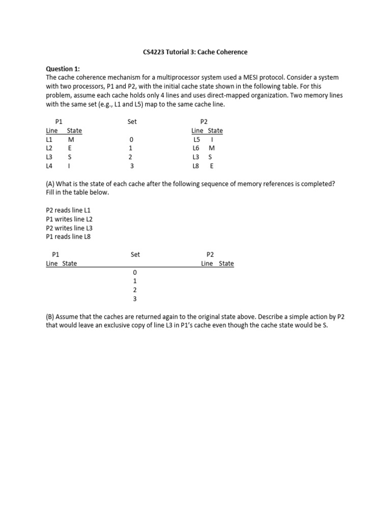 CS4223 - Tutorial 3 - Coherence | PDF | Cpu Cache | Parallel Computing