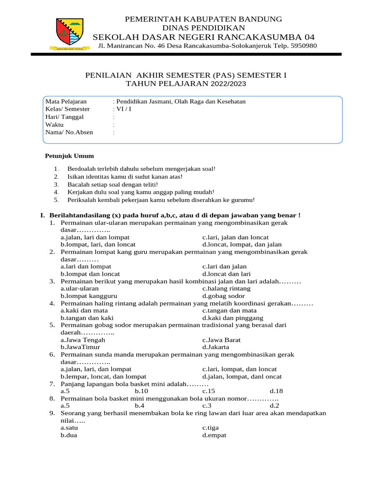 Soal Pas Pjok Kelas 9 | PDF