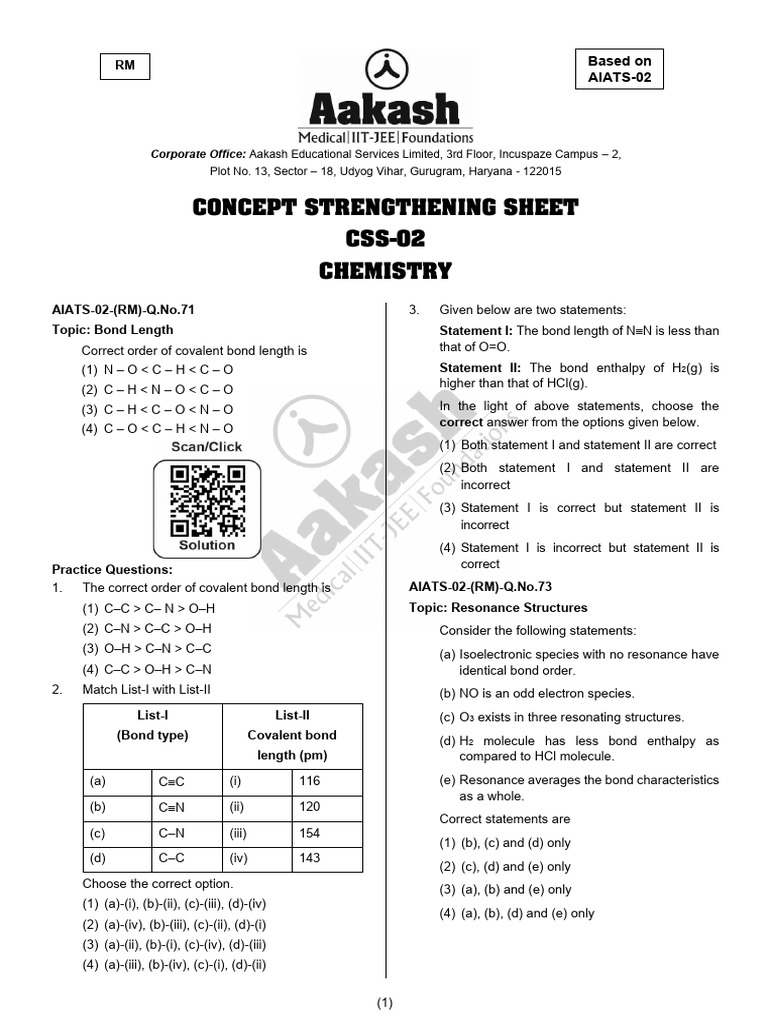 Concept Strengthening Sheet (CSS-02) Based on AIATS-02 (RM)_Chemistry | PDF | Chemical Bond ...