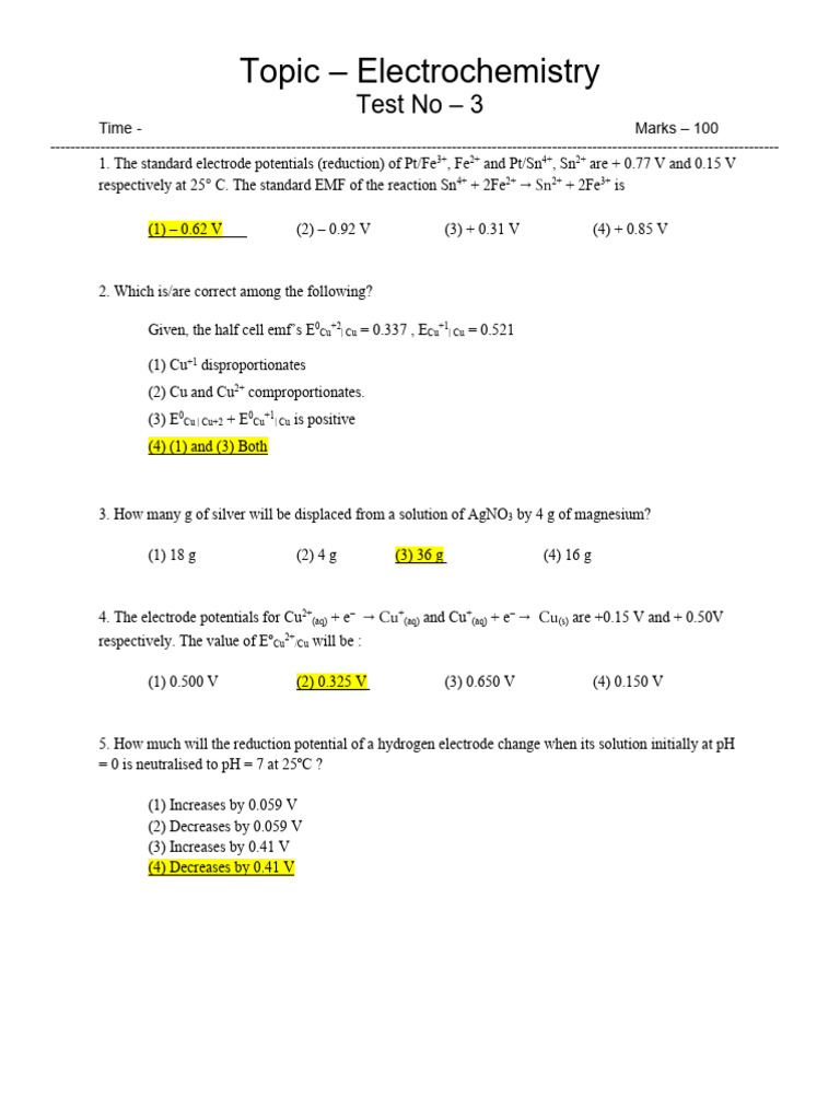 Electrochemistry Test Questions and Answers | PDF | Electrochemistry ...