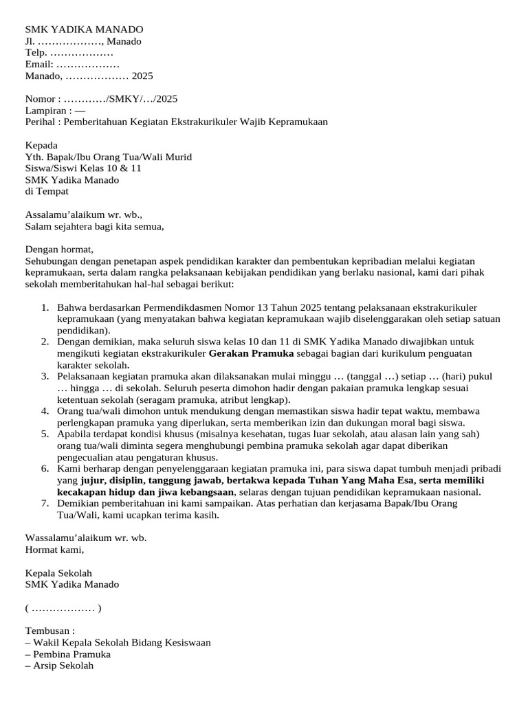 Format Surat Pemberitahuan Ekskul Wajib Pramuka Smk Yadika Manado | PDF