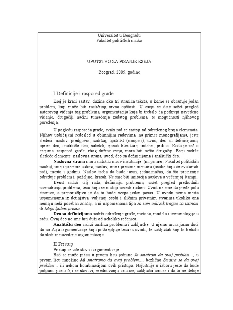 Uputstvo Za Pisanje Eseja | PDF