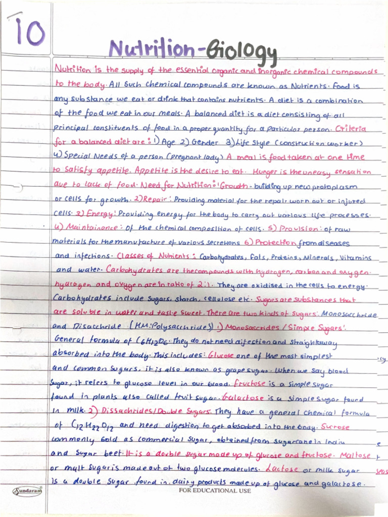 Nutrition Biology 10 | PDF