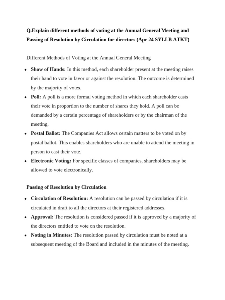 Q.explain Different Methods of Voting at the Annual General Meeting and ...