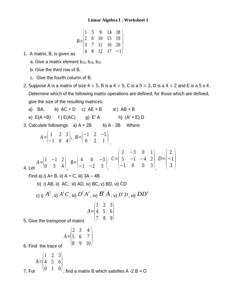 Linear Algebra Worksheet 1 | PDF | Matrix (Mathematics) | Linear Algebra