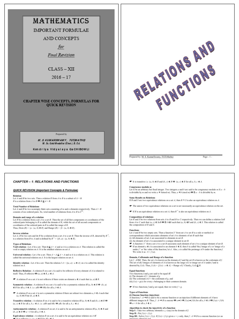 Class 12 Maths Revision Formulas | PDF | Function (Mathematics ...