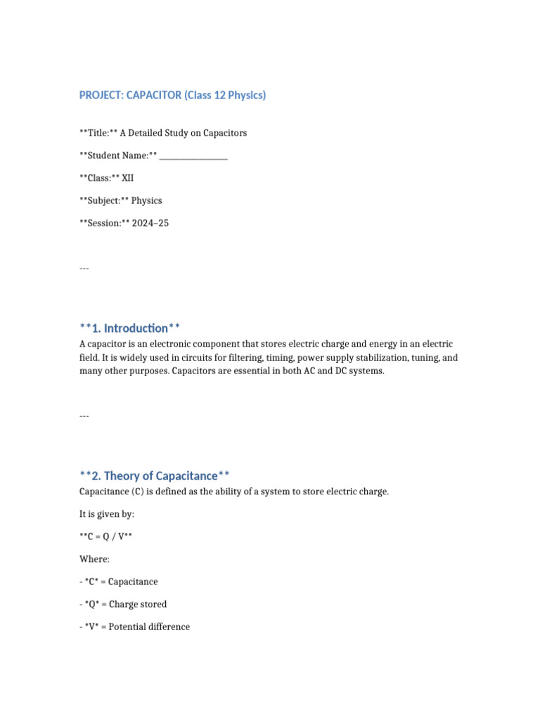 Capacitor Project Class12 | PDF | Capacitor | Capacitance