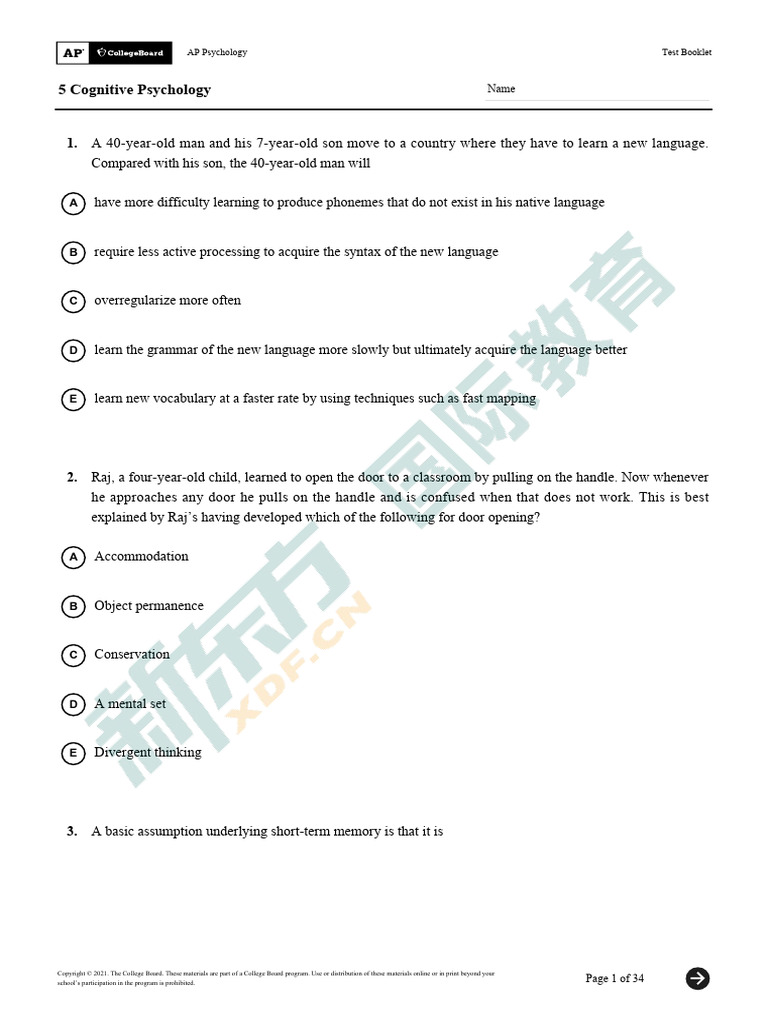 AP Psychology Cognitive Test Questions | PDF | Intelligence Quotient ...
