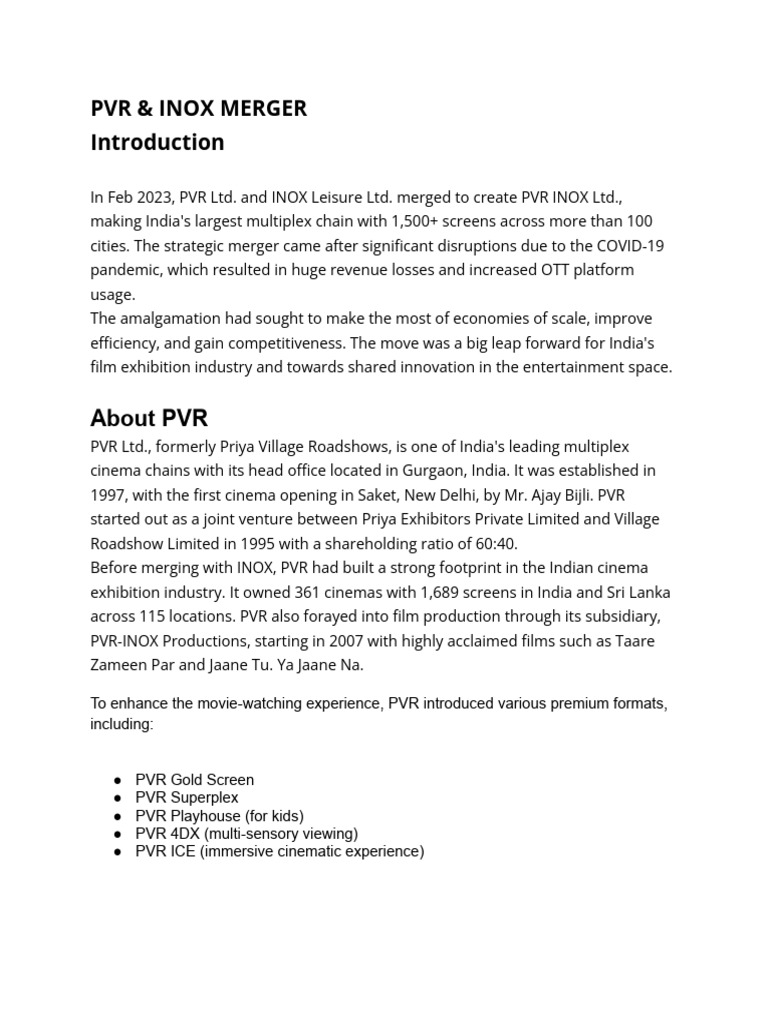 PVR INOX Merger: India's Cinema Giant | PDF | Business Economics ...