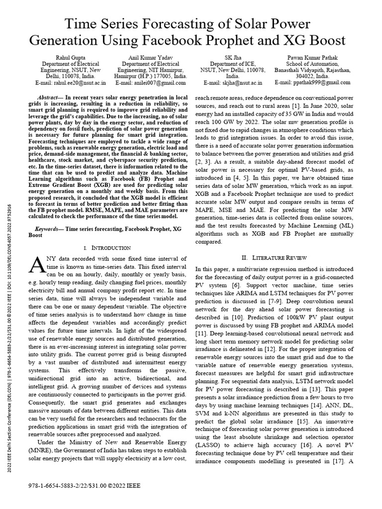 Time Series Forecasting of Solar Power Generation Using Facebook ...
