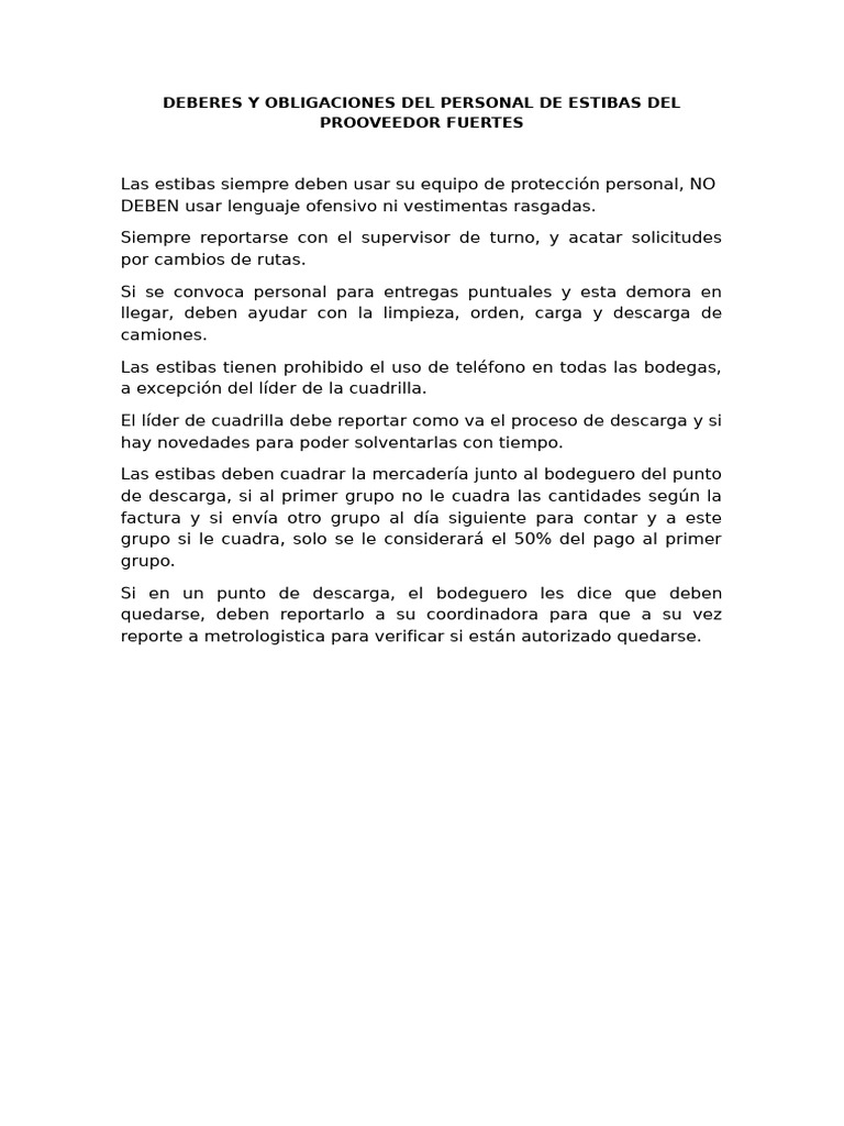Deberes y Obligaciones Del Personal de Estibas Del Prooveedor Fuertes | PDF