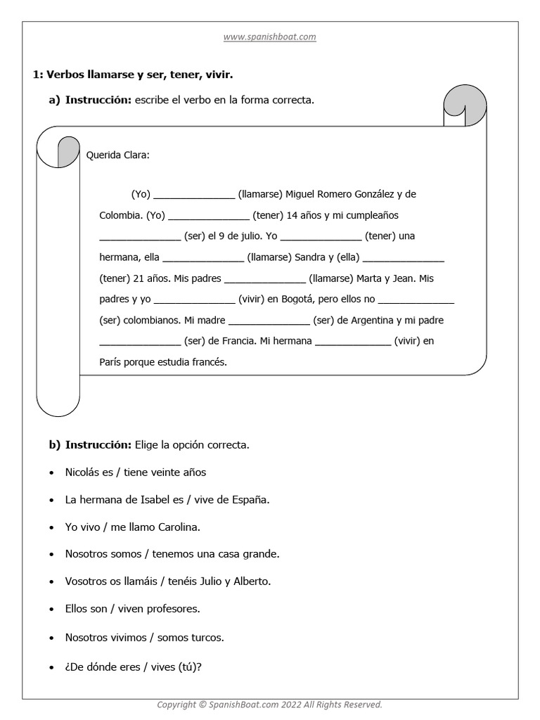 Ejercicio de Verbos en Español: Llamarse y Ser | PDF