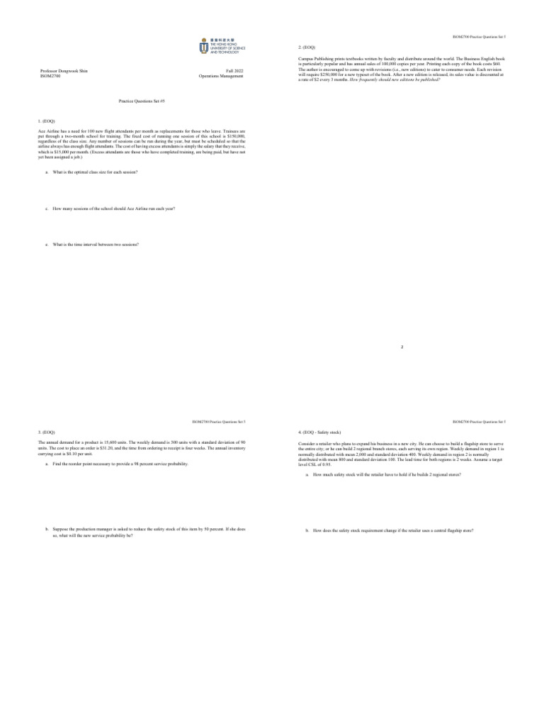 EOQ and Safety Stock Practice Questions | PDF
