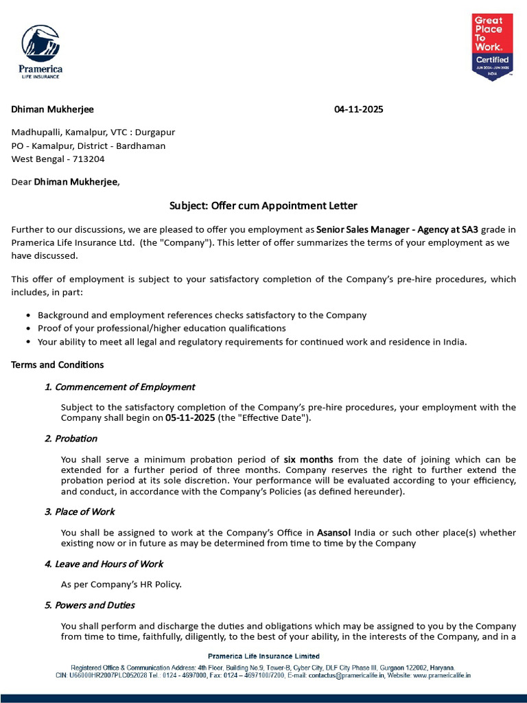 1762259973a6909f3f9b8abc Offer Letter 20251104 180919 | PDF | Indemnity ...