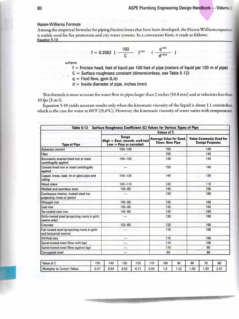 ASPE Plumbing Engineering Handbook - Volume2 - Hazen-Williams Formula | PDF