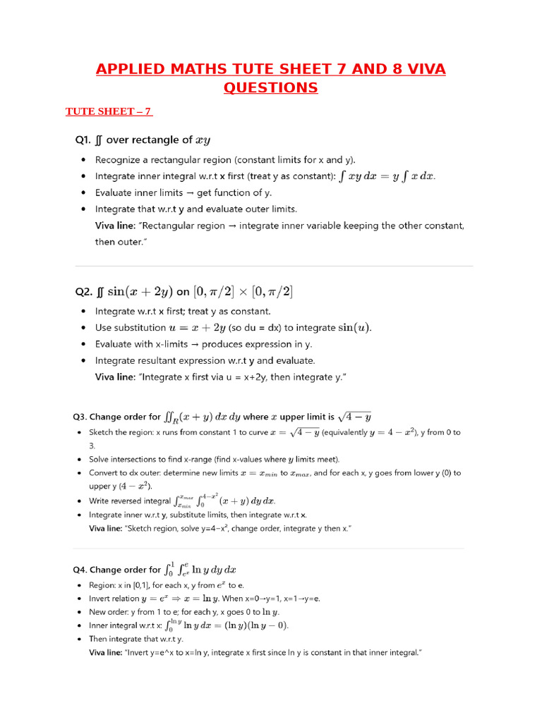 Applied Maths Tute Sheet 7 and 8 Viva Questions | PDF