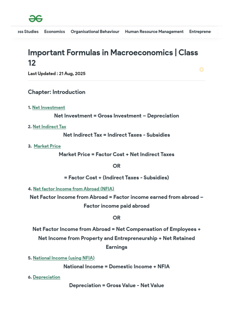 Important Formulas in Macroeconomics - Class 12 - GeeksforGeeks | PDF ...