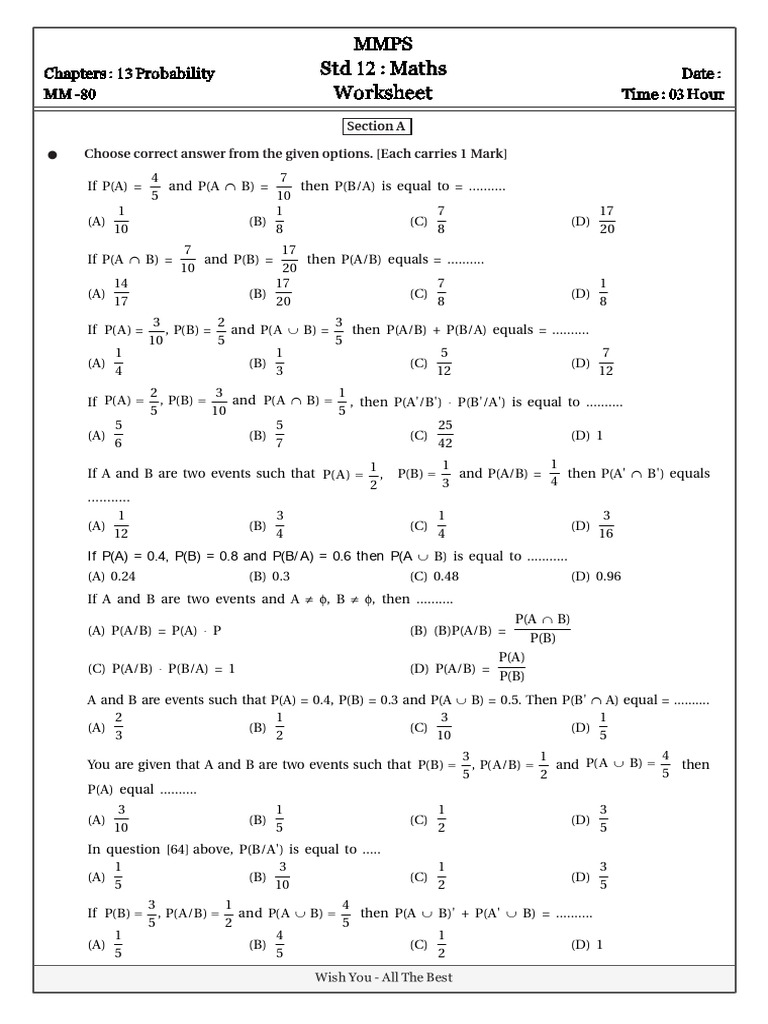 Probability Worksheet for Std 12 Maths | PDF | Probability Distribution ...