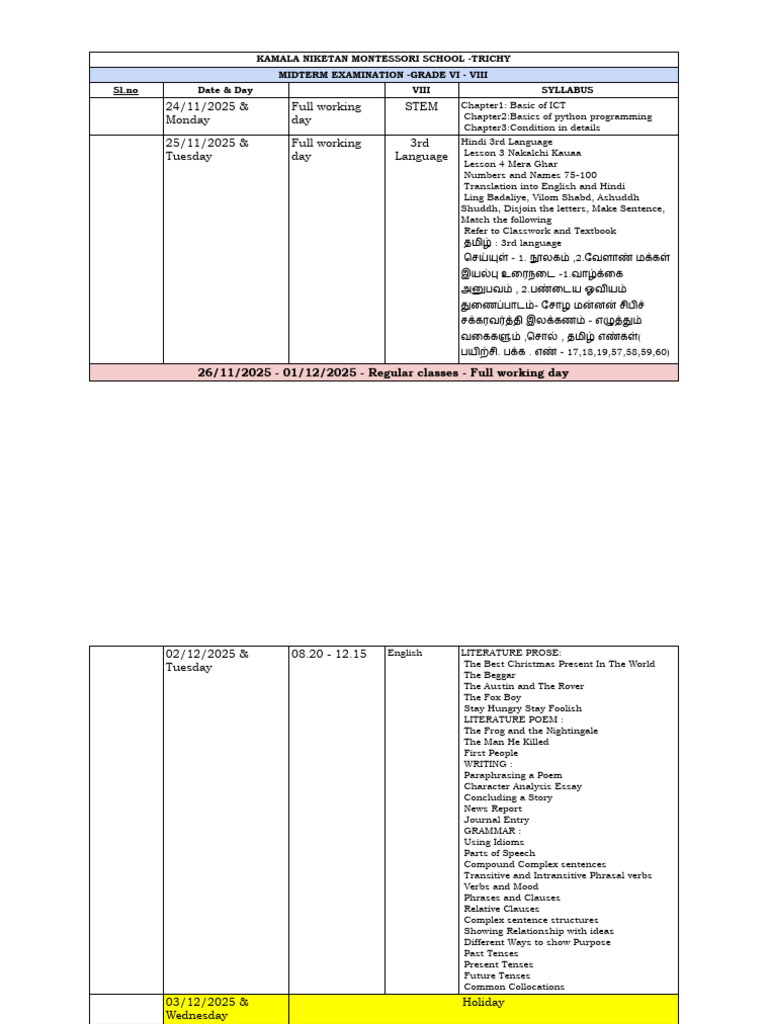 Class VIII Mid Term Time Table and Portions - Sheet1 14112025 115406-1 ...