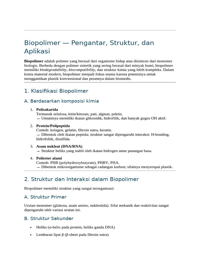 Biopolimer: Struktur, Sifat, dan Aplikasi | PDF